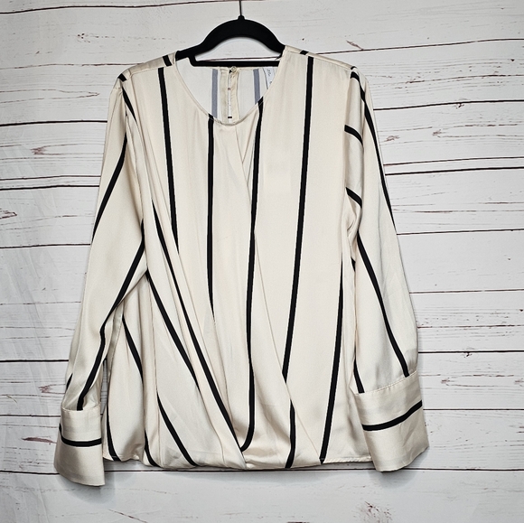 Mango | Tops | Mango Mng Cream And Black Striped Long Sleeve Faux Wrap ...